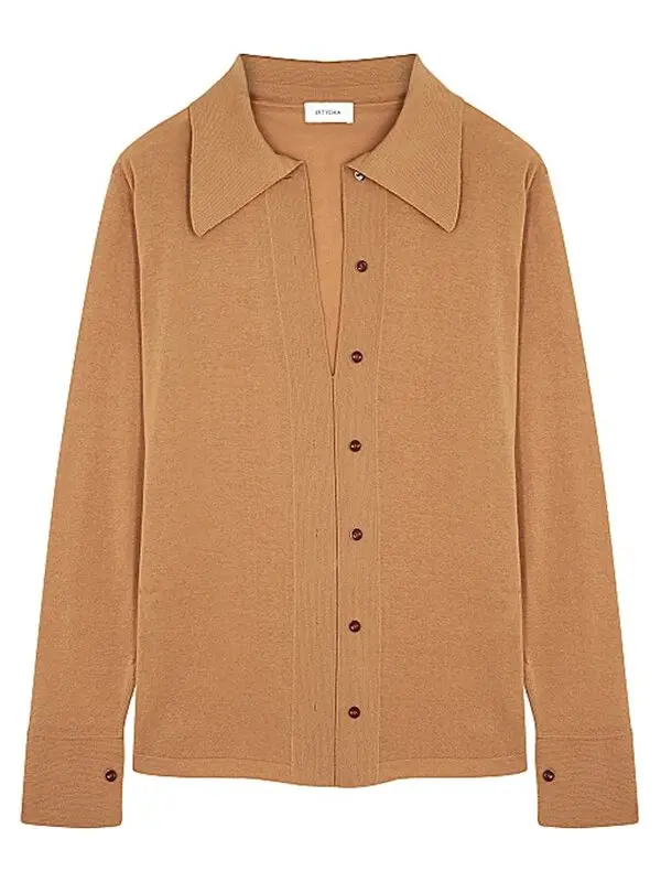 Eftychia Camel Fine-knit Cotton-blend Top