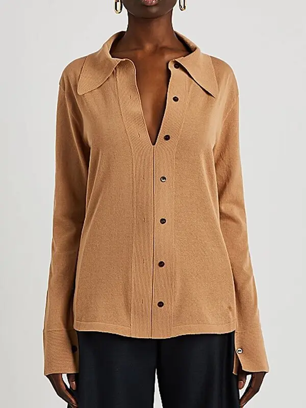 Eftychia Camel Fine-knit Cotton-blend Top