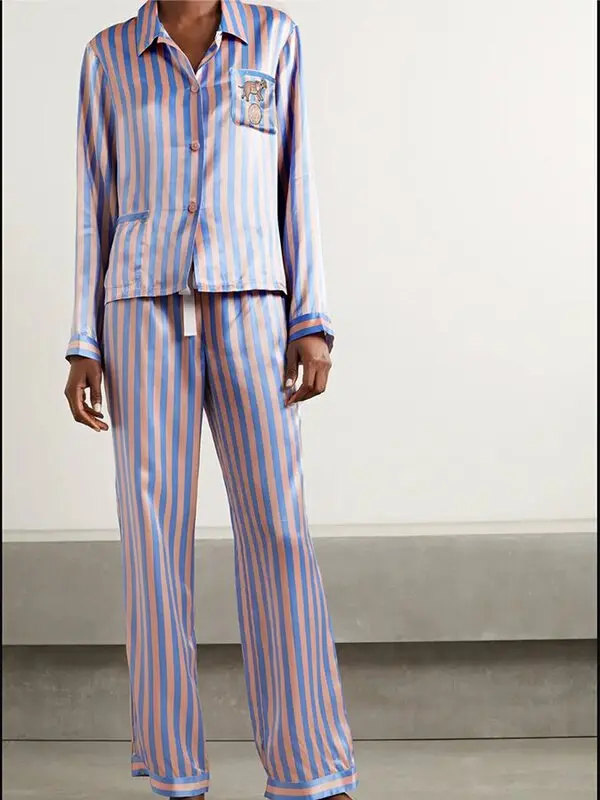 Morgan Lane Ruthie Chantal Embellished Embroidered Striped Satin Pajama Set