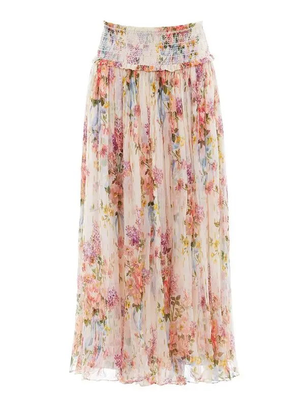 NEEDLE & THREAD Floral Diamond Smocked Chiffon Midi Skirt