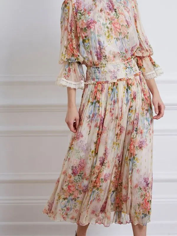 NEEDLE & THREAD Floral Diamond Smocked Chiffon Midi Skirt