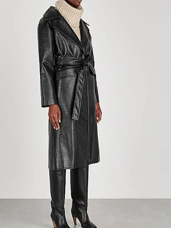MARIAM AL SIBAI Black Crocodile-effect Faux Leather Trench Coat