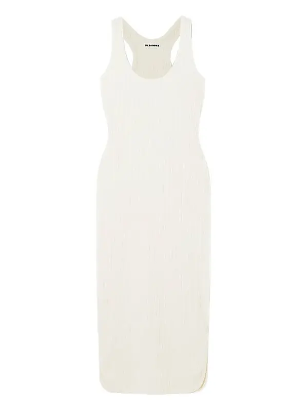 JIL SANDER Cream Ribbed Cotton Blend Midi Dress
