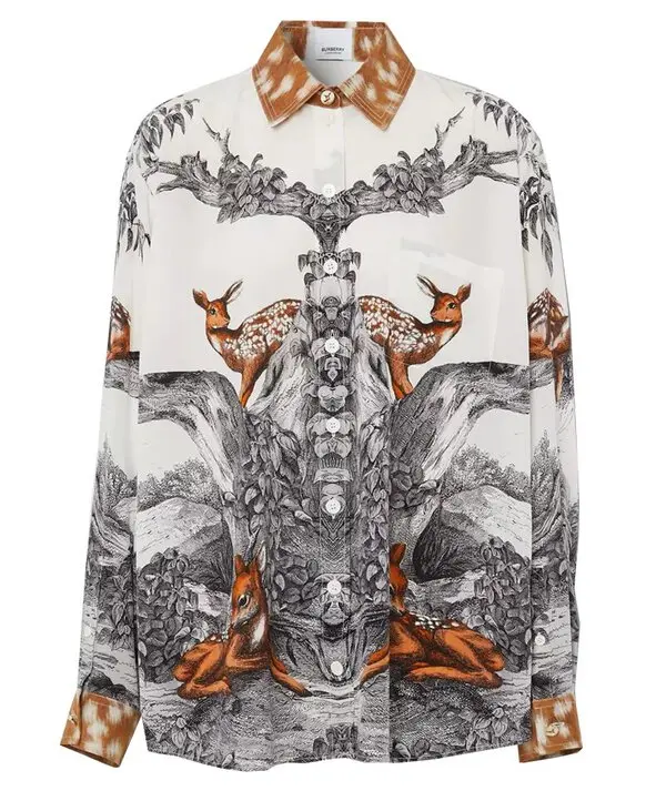 Burberry Deer Sketch Print Silk Oversized Shirt