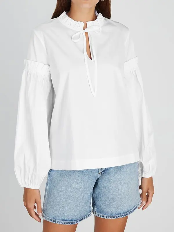 SAMSØE SAMSØE Maia White Ruffle-trimmed Poplin Blouse