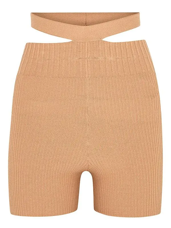 ANDREĀDAMO Camel Cut-out Ribbed-knit Shorts