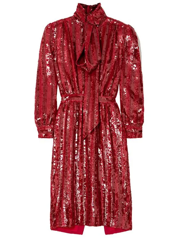 Saint Laurent Pussy-bow Striped Sequined Silk-crepe Midi Dress