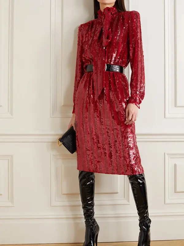Saint Laurent Pussy-bow Striped Sequined Silk-crepe Midi Dress