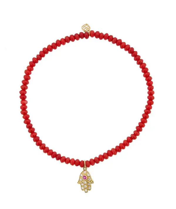 SYDNEY EVAN Ruby Hamsa Yellow Gold Charm On Barrel Coral Beaded Bracelet