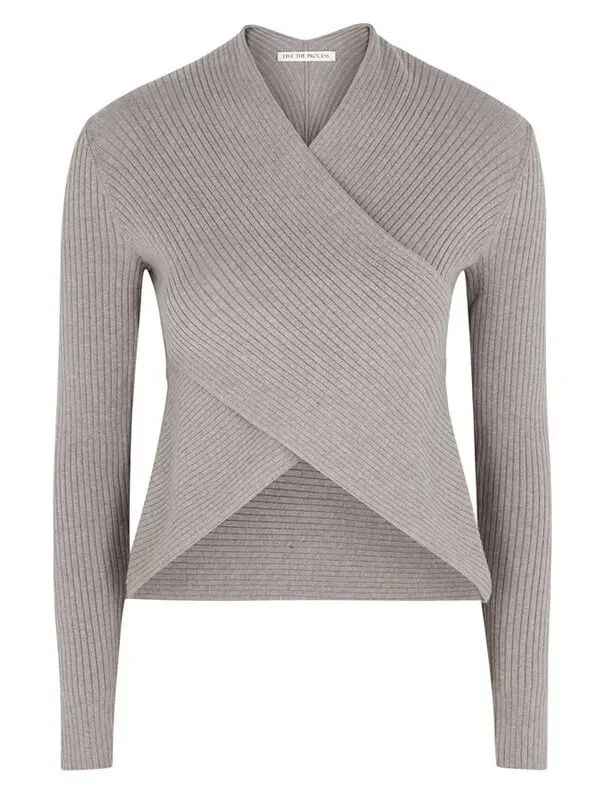 Live The Process Grey Ribbed-knit Wrap Jumper