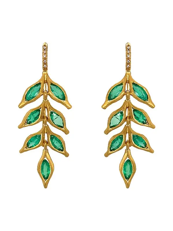 Cathy Waterman Emerald Falling Leaves Yellow Gold Earrings