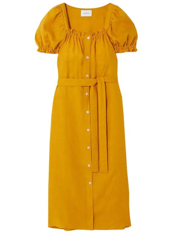 Sleeper Brigitte Belted Linen Midi Dress