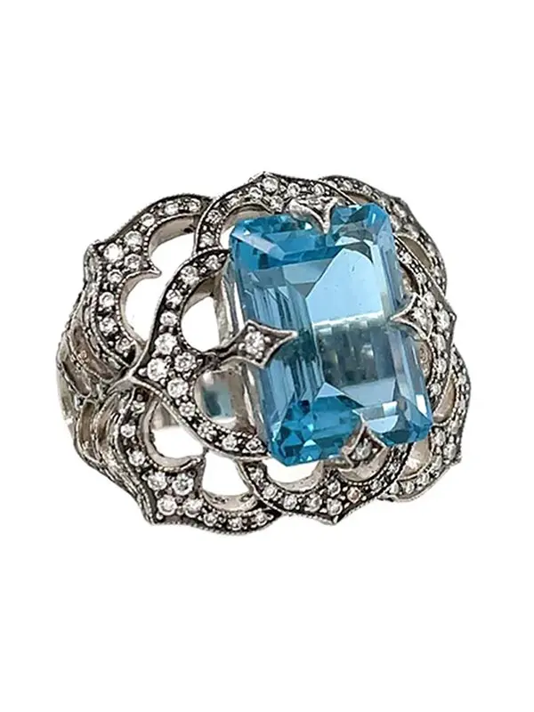 Cathy Waterman Blackened Aquamarine Large Briarpatch Platinum Ring