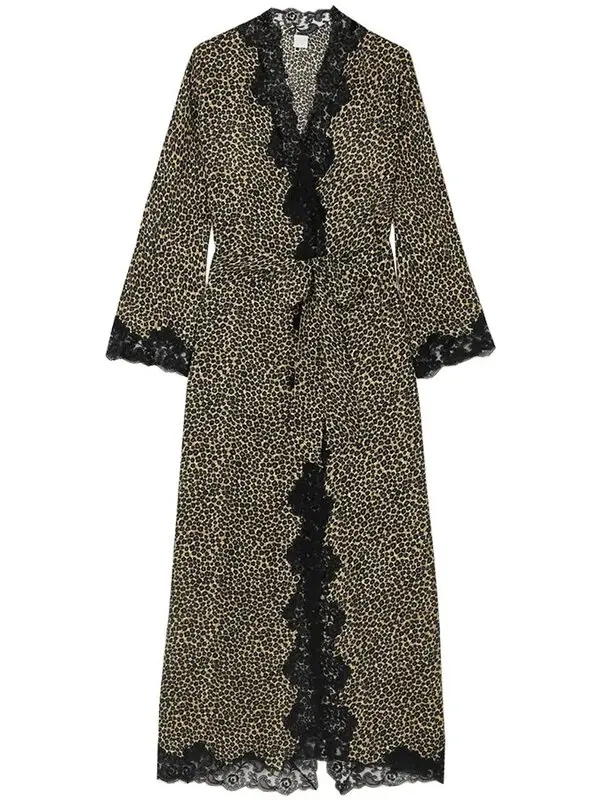 Loretta Caponi Greta Lace-trimmed Leopard-print Silk-georgette Robe