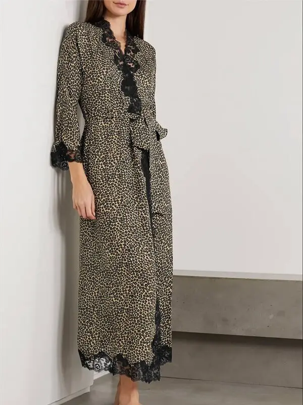 Loretta Caponi Greta Lace-trimmed Leopard-print Silk-georgette Robe