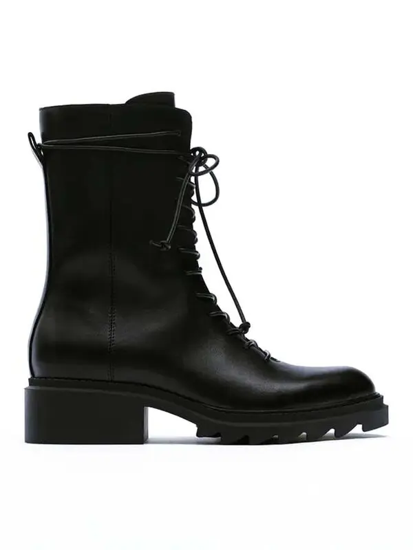 Zara Low Heel Laced Leather Ankle Boots