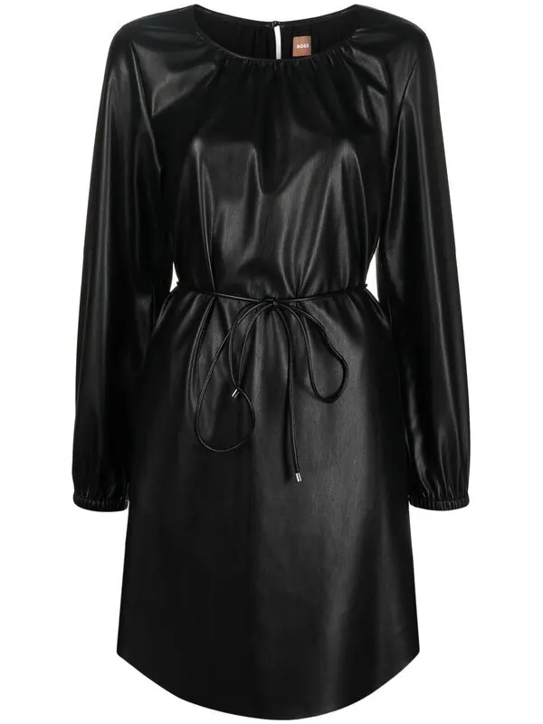 BOSS Faux-leather long-sleeved dress with tie belt, Women, Size: 36, Black