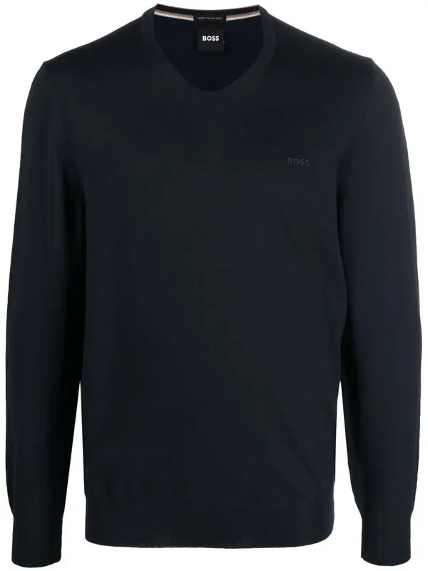 BOSS Logo-embroidered V-neck Jumper - Blue