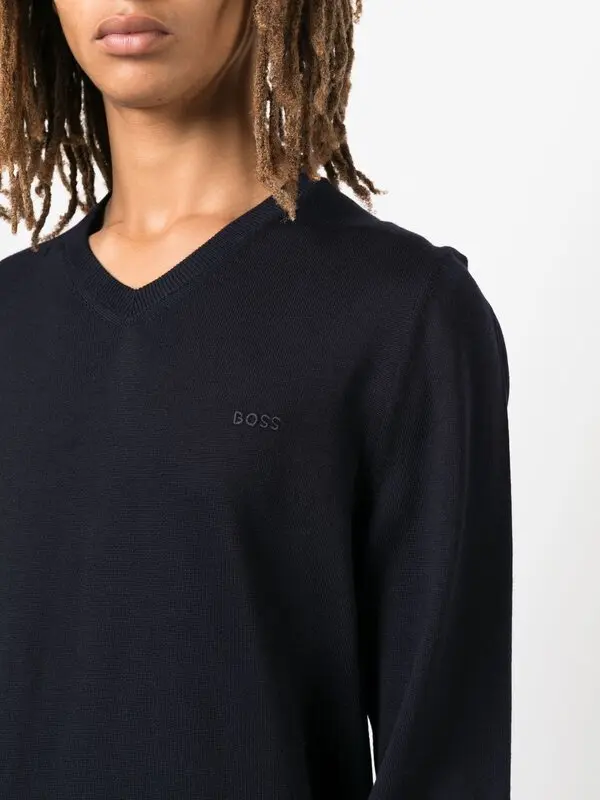 BOSS Logo-embroidered V-neck Jumper - Blue