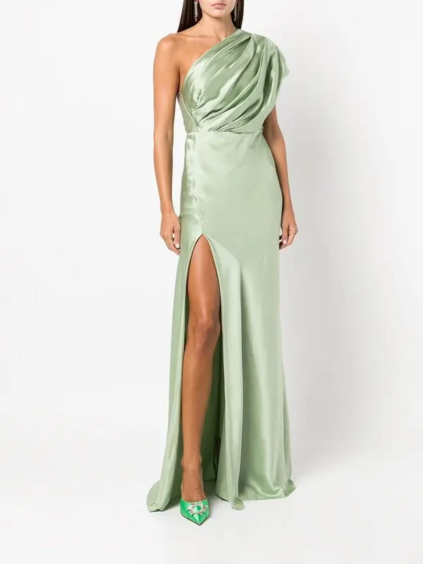 Michelle Mason Side-slit One-shoulder Gown - Green