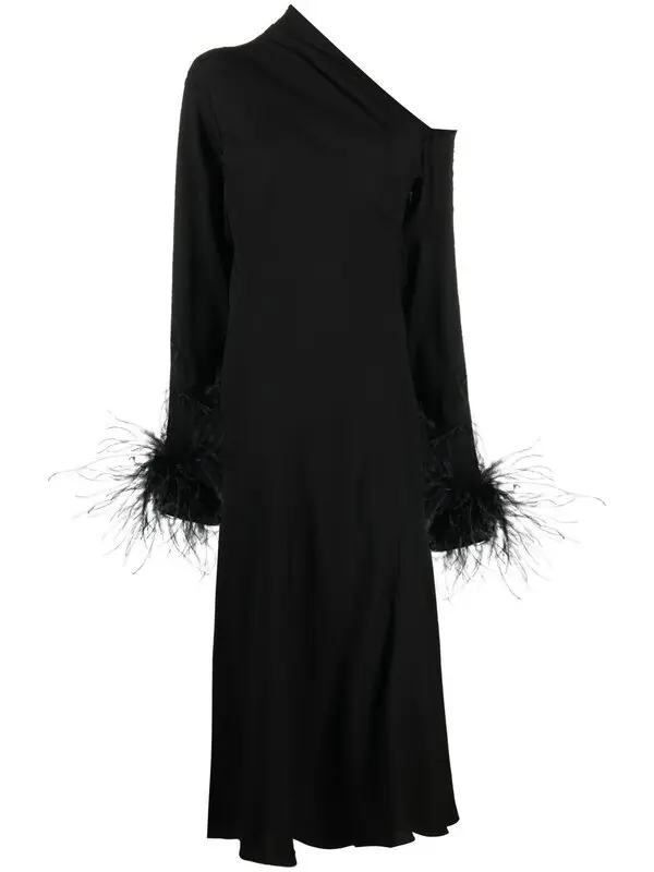 16Arlington Feather-trim One-shoulder Midi Dress