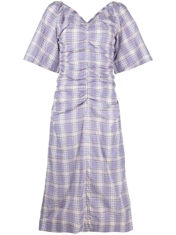 GANNI Checked Draped Midi Dress - Purple