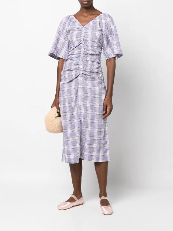 GANNI Checked Draped Midi Dress