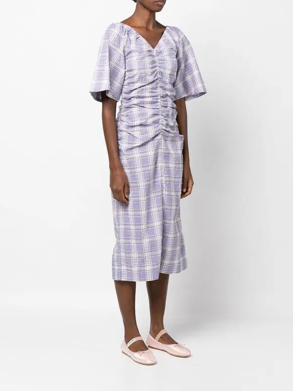 GANNI Checked Draped Midi Dress