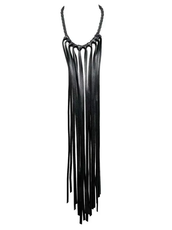 PLIK Long Black Leather Fringe Necklace-lima