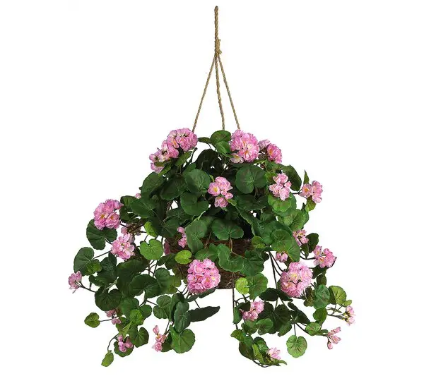 NEARLY NATURAL Geranium Hanging Basket Silk Plant - One-color