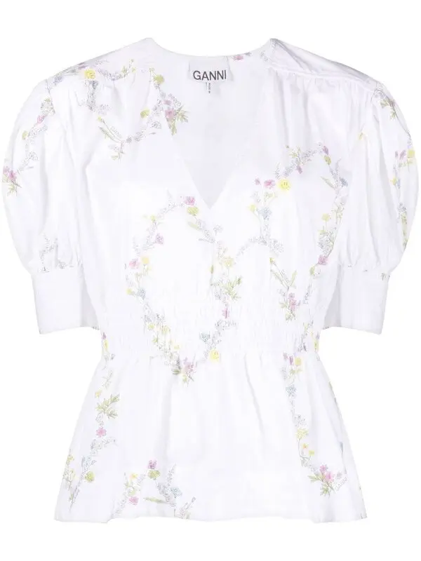 GANNI Floral-print Peplum Blouse - White