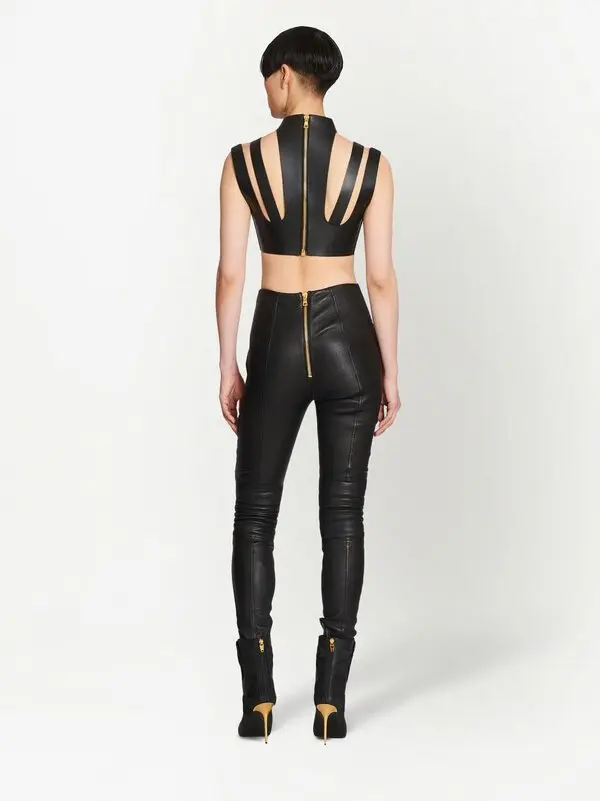 Balmain Cut-out Leather Crop Top
