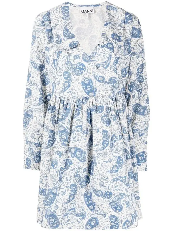 GANNI Paisley-print Cotton Wrap Dress - Blue