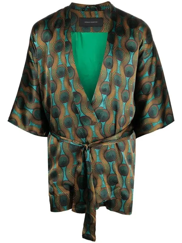 Ozwald Boateng Geometric-print Tie-waist Jacket - Green