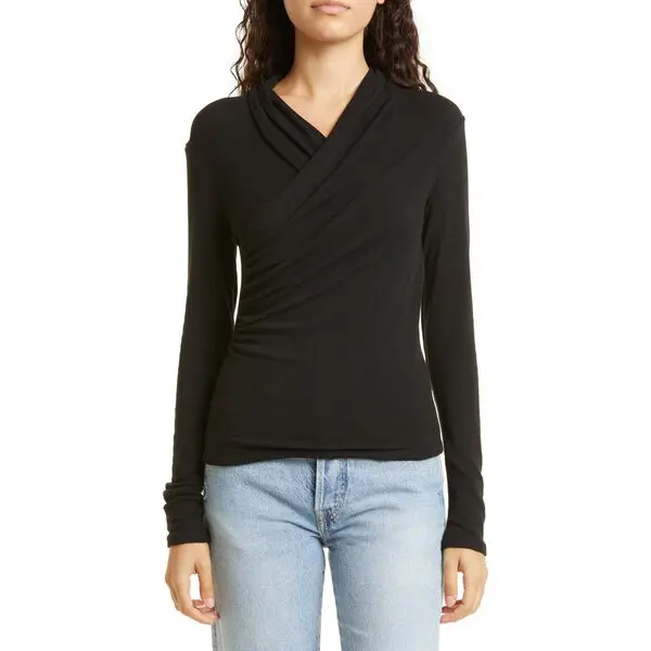 Vince Wrap Front Long Sleeve Knit Top - Black