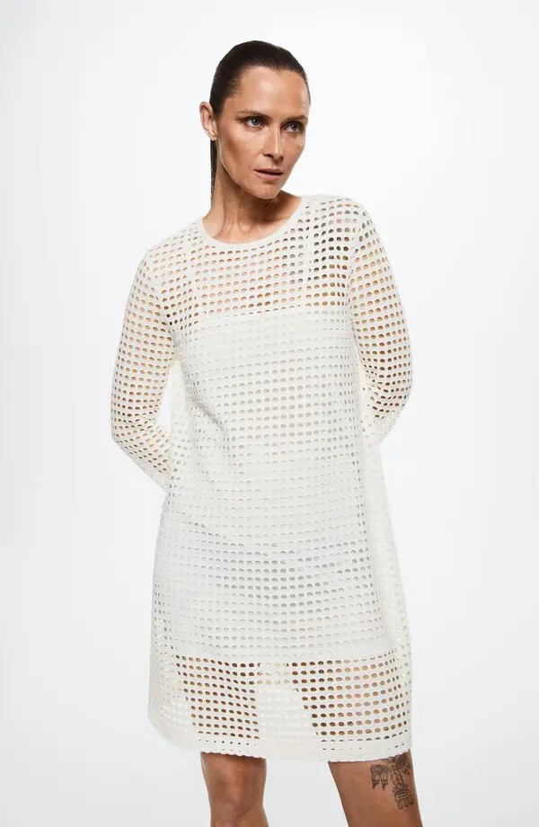 Mango Long Sleeve Openwork Crochet Minidress