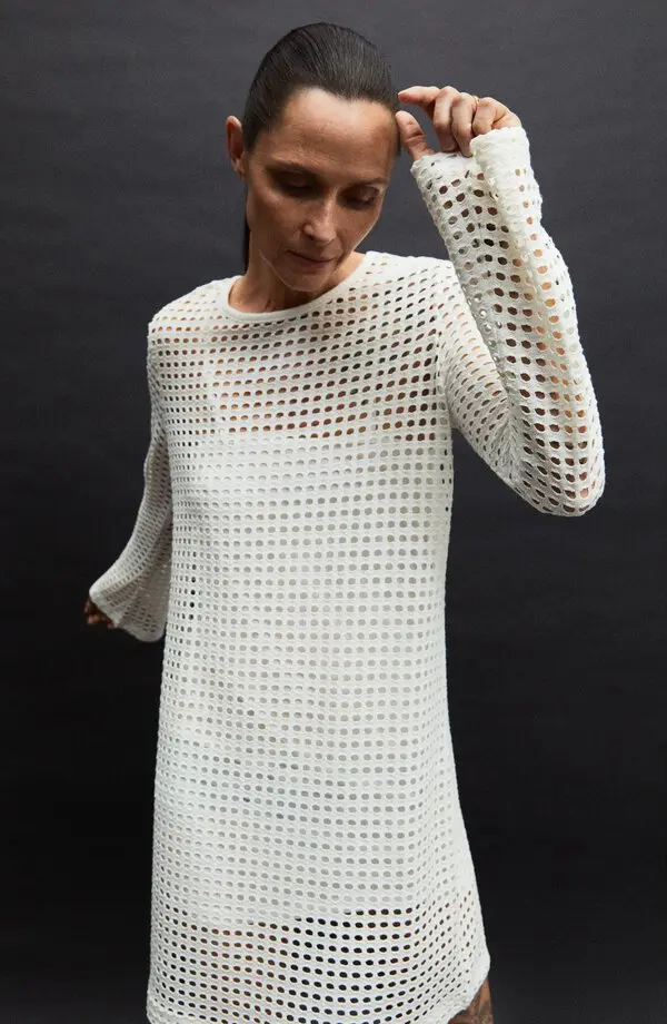 Mango Long Sleeve Openwork Crochet Minidress