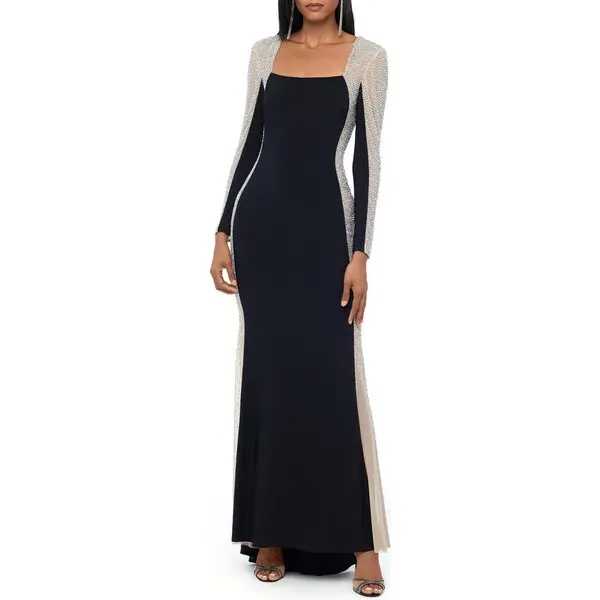 XSCAPE EVENINGS Crystal Contrast Long Sleeve Gown - Black Nude Silver