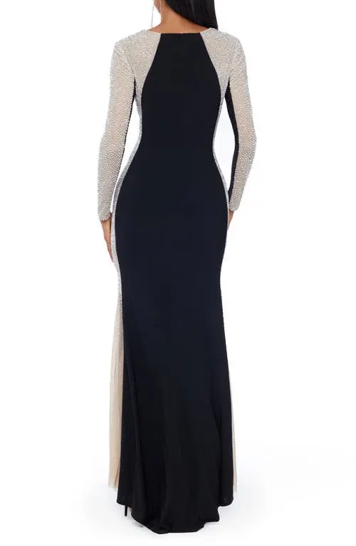 XSCAPE EVENINGS Crystal Contrast Long Sleeve Gown - Black Nude Silver