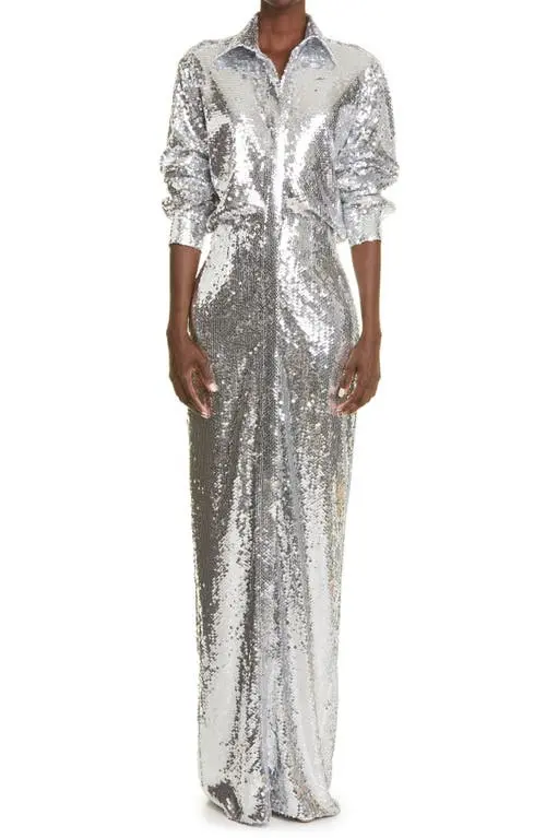 brandon maxwell sequin dress Brandon Maxwell Sequin Long Sleeve Shirtdress Gown In Silver - 40% Off