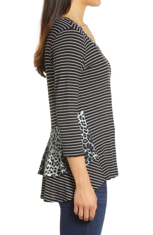 Loveappella Leopard Stripe Peplum Top - Black/ Gray