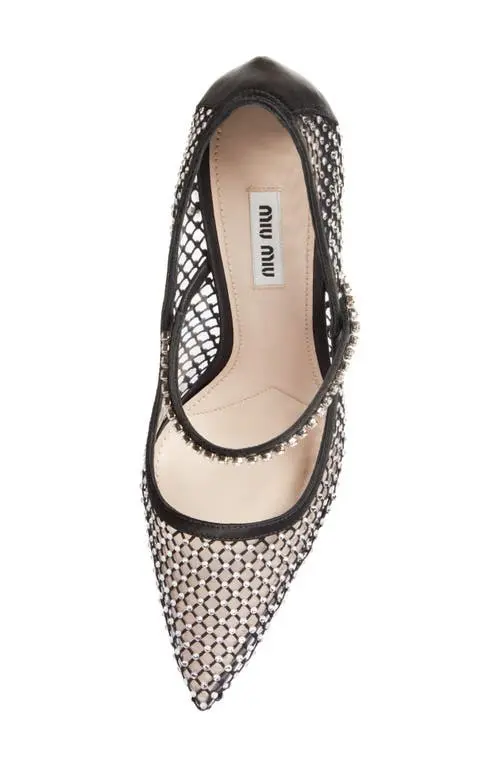 Miu Miu Crystal Embellished Fishnet Pointed Toe Pump - Nero