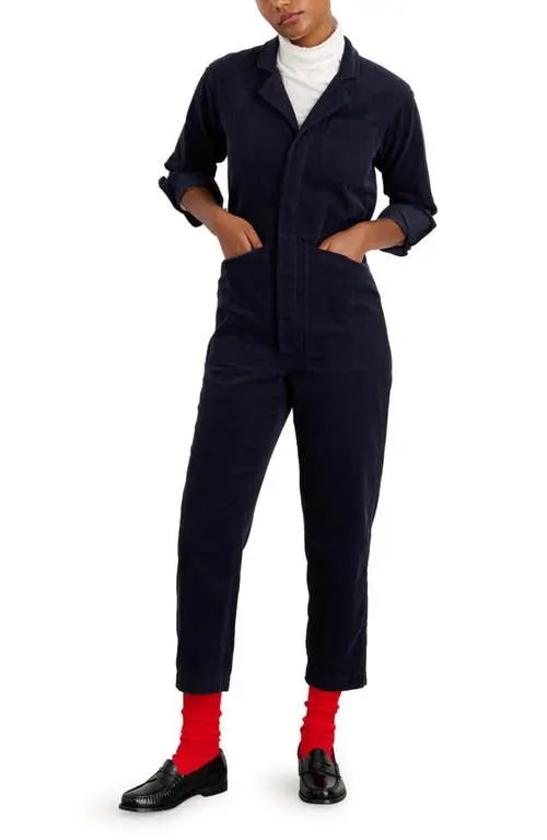 ALEX MILL Fine Wale Long Sleeve Crop Cotton Jumpsuit - Deep Navy