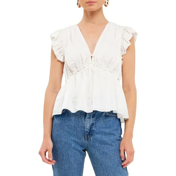 Endless Rose Flutter Sleeve Tie Neck Blouse