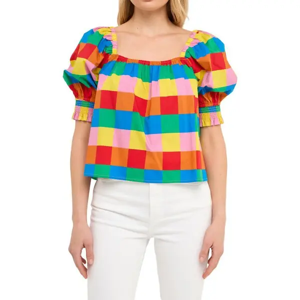English Factory Rainbow Check Cotton Top - Multi