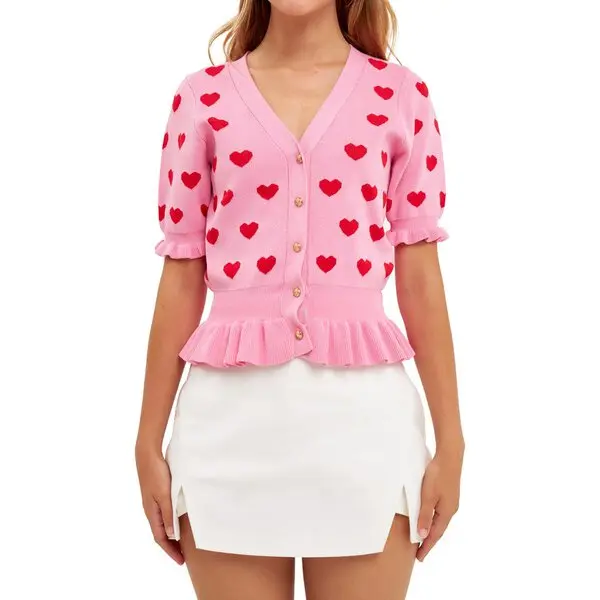 English Factory Puff Sleeve Heart Cardigan