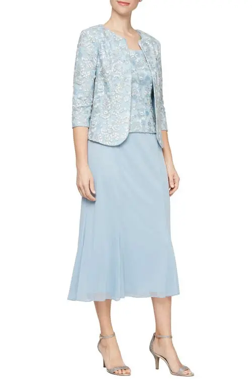 Alex Evenings Lace Bodice Midi Dress With Jacket - Light Blue