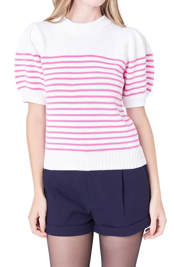 English Factory Stripe Puff Sleeve Sweater