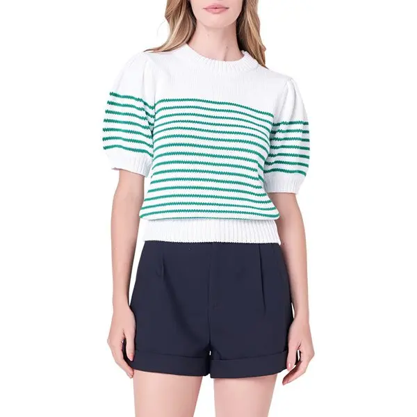 English Factory Stripe Puff Sleeve Sweater - White/green