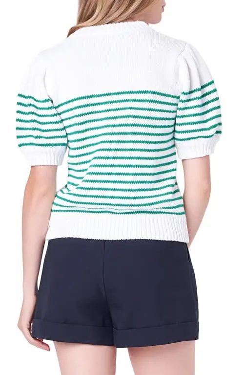 English Factory Stripe Puff Sleeve Sweater - White/green
